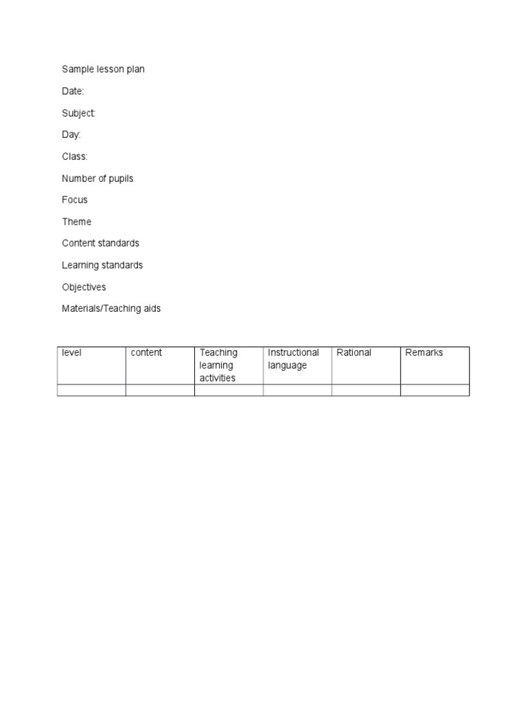 Sample Lesson Plan Date: Subject: Day: Class: Number of Pupils Focus ...