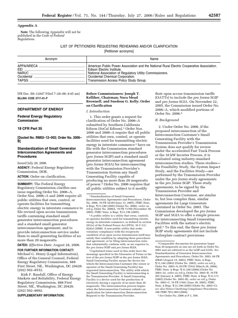 Rule: Electric Utilities (Federal Power Act) : Generator Interconnection Agreements and ...