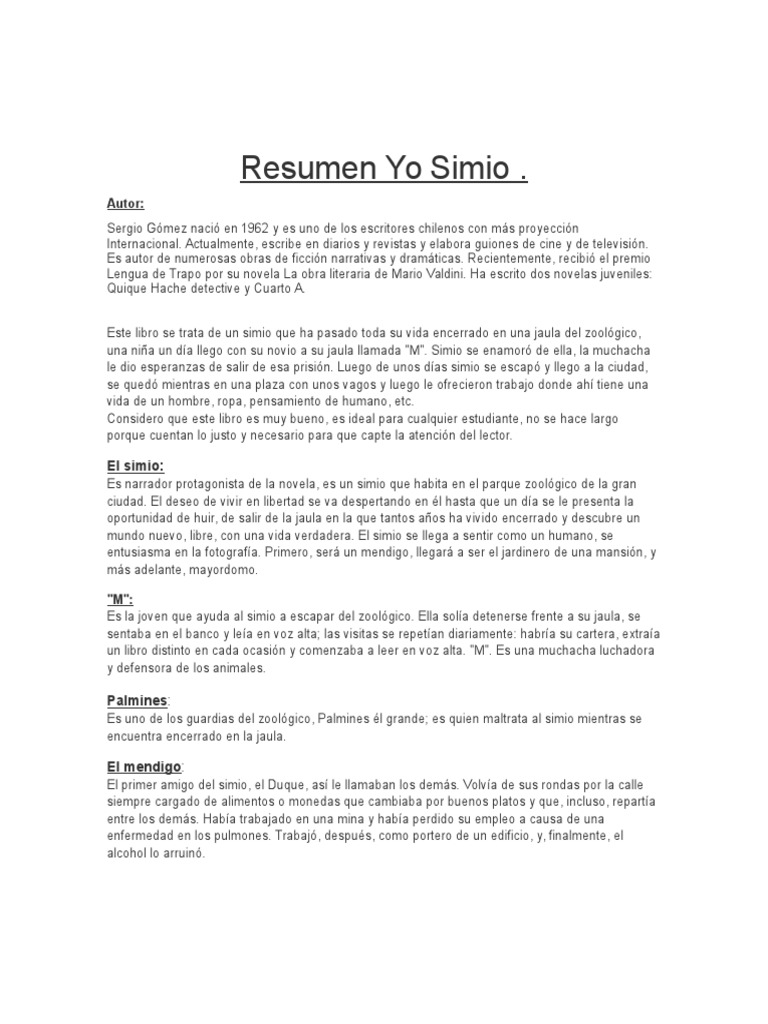 Resumen del libro "Yo, Simio" | PDF | Homo Sapiens | Novelas
