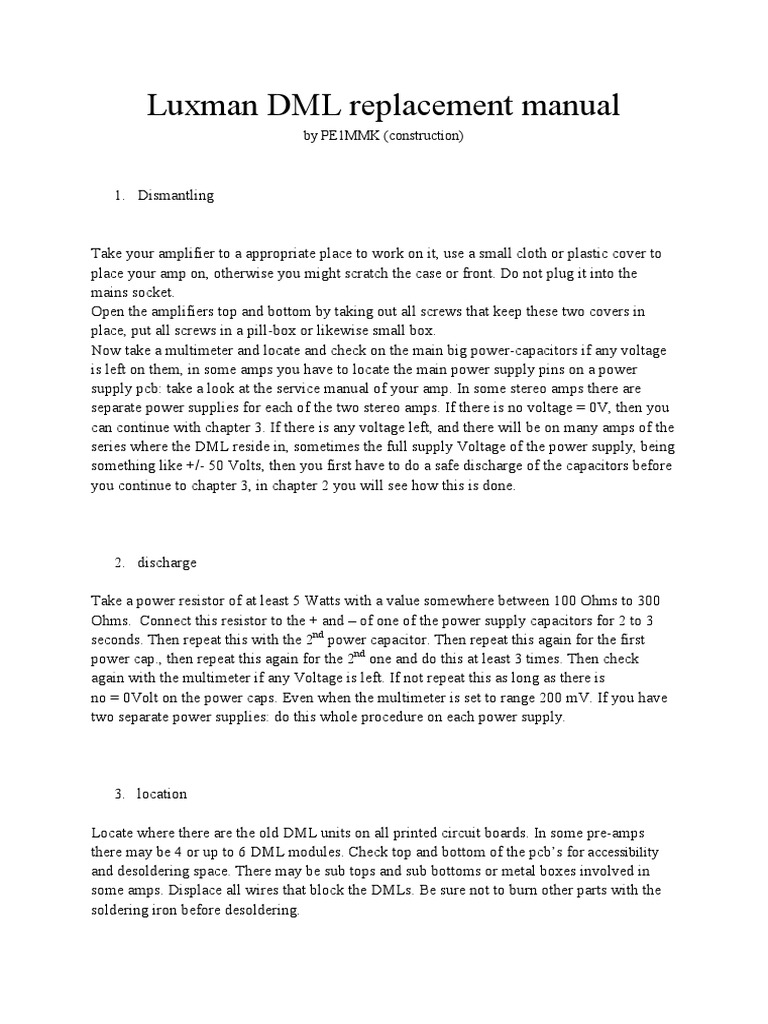 Luxman DML Replacement Guide | PDF | Soldering | Printed Circuit Board
