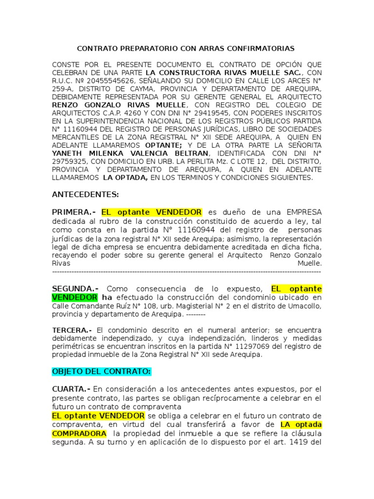 CONTRATO PREPARATORIO Con Arras Confirmatorias | Derecho contractual | Derecho Civil (Sistema ...