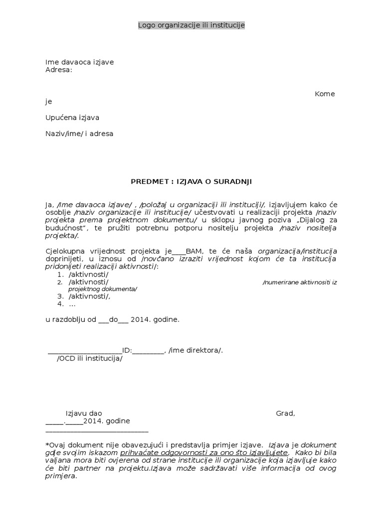 Izjava Primjer | PDF