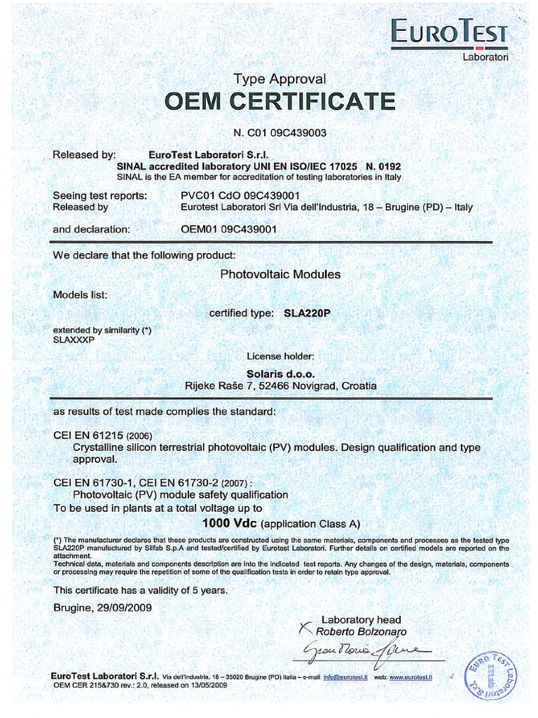 Solaris - OEM Certificate by EuroTest C01 | PDF