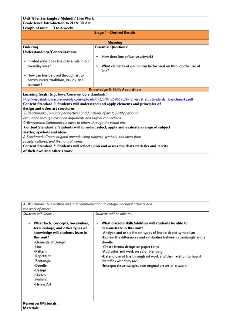Line Unit Plan - Zentangles and Mendi | PDF | Educational Assessment ...