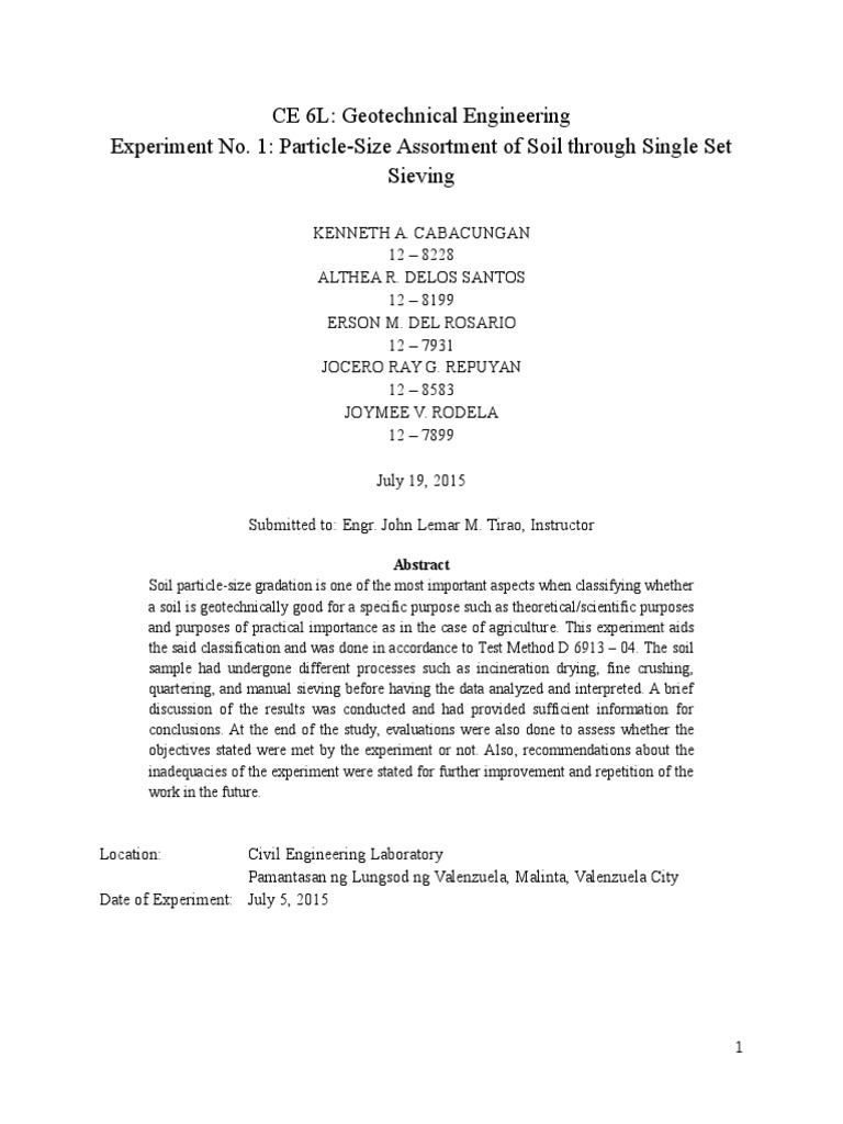 Geotech Lab Report 1 Final | PDF | Particle Size Distribution | Experiment