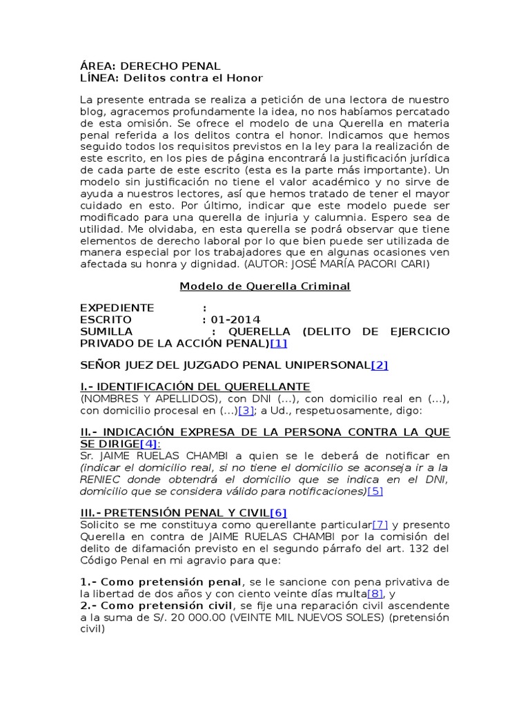 Modelo de Querella Criminal | PDF | Derecho penal | Queja