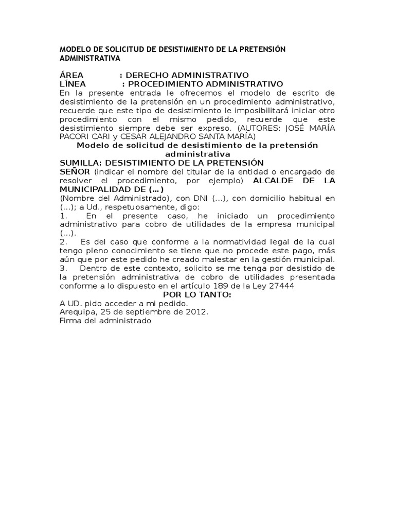 Solicitud de Desistimiento de La Pretensión Administrativa | PDF | Finanzas y dinero | Derecho