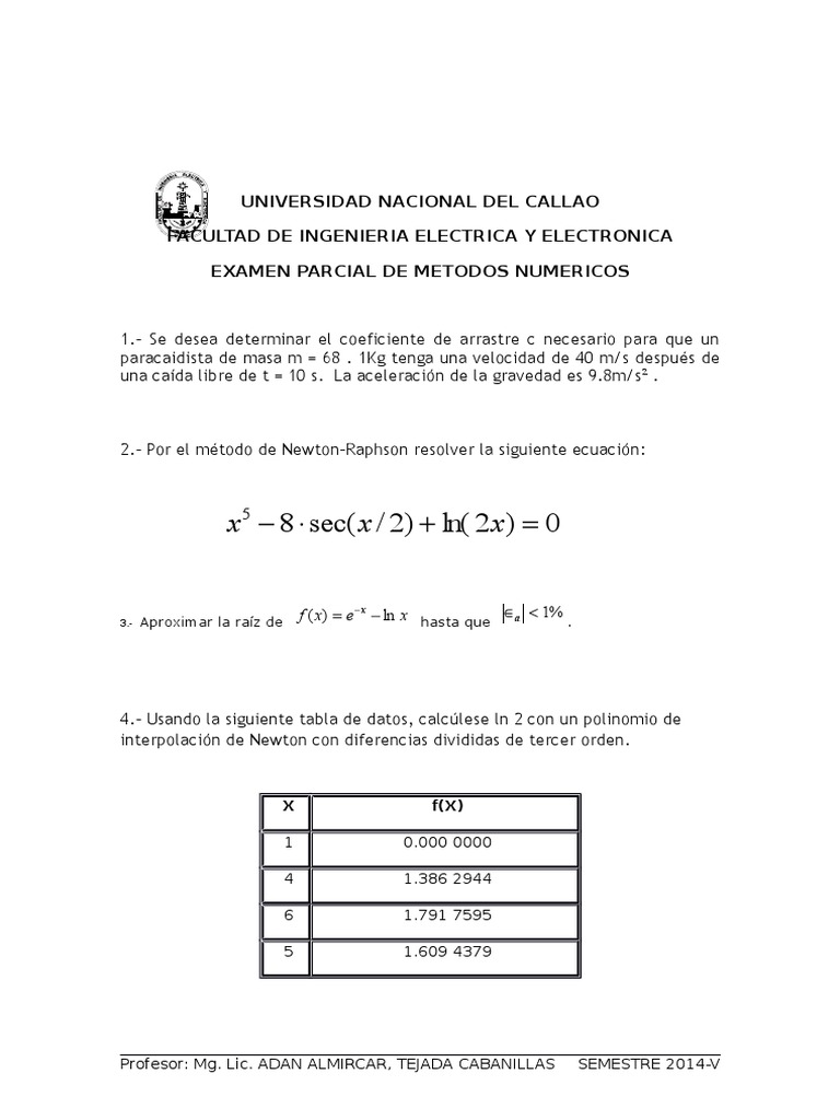 Examen Parcial de Metodos Numericos | PDF | Ecuaciones | Derivado