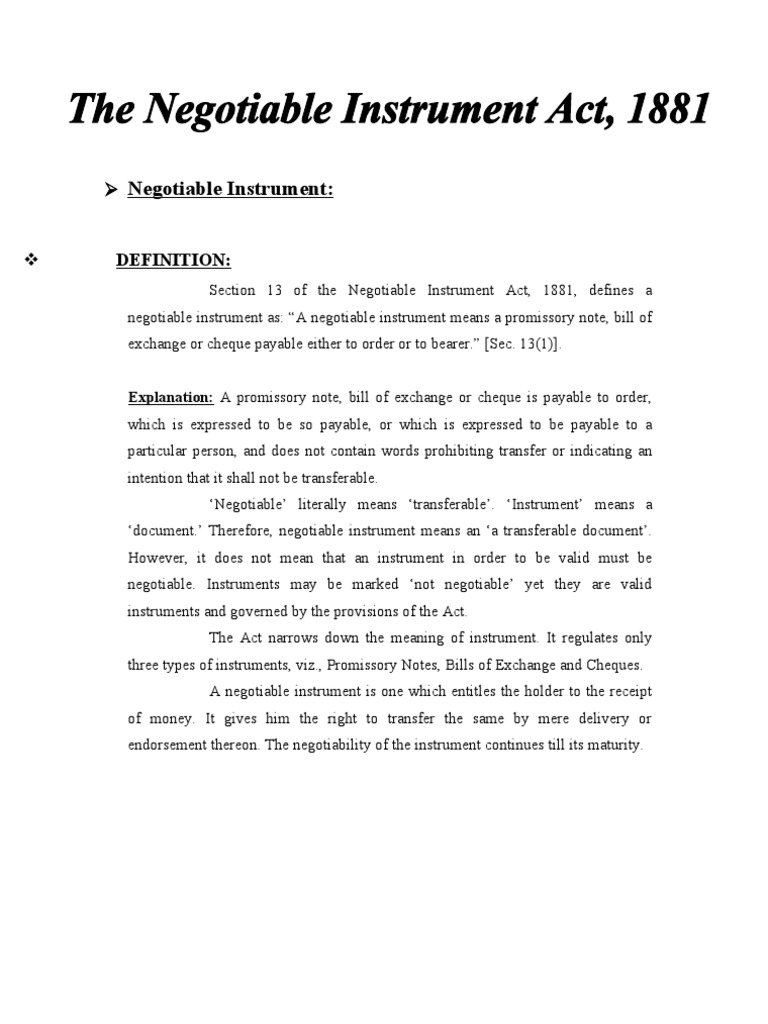 Overview of Negotiable Instruments Act 1881 | PDF | Negotiable ...