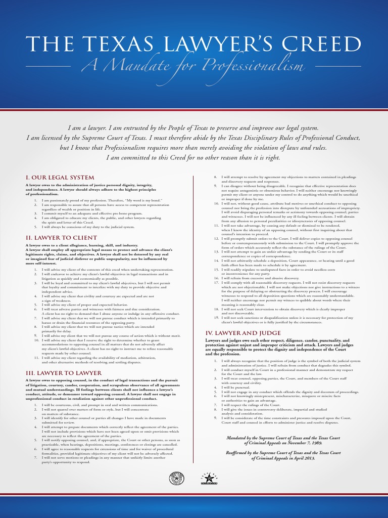 Texas Lawyers Creed Poster | PDF | Discovery (Law) | Deposition (Law)