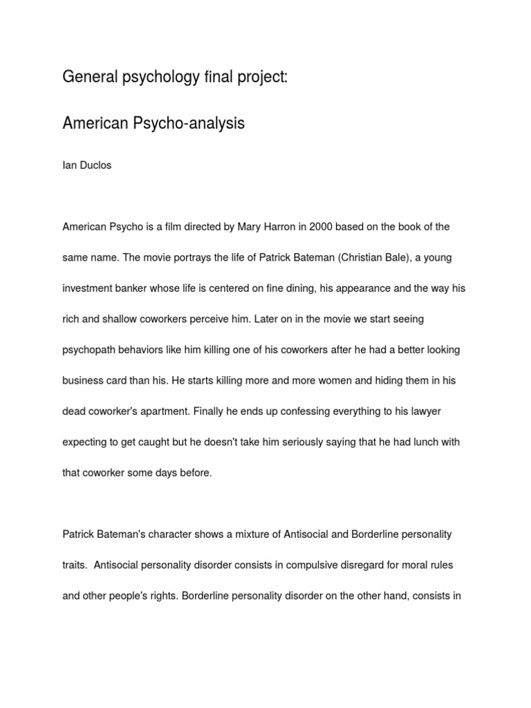 General Psychology Final Project: American Psycho-Analysis | PDF ...