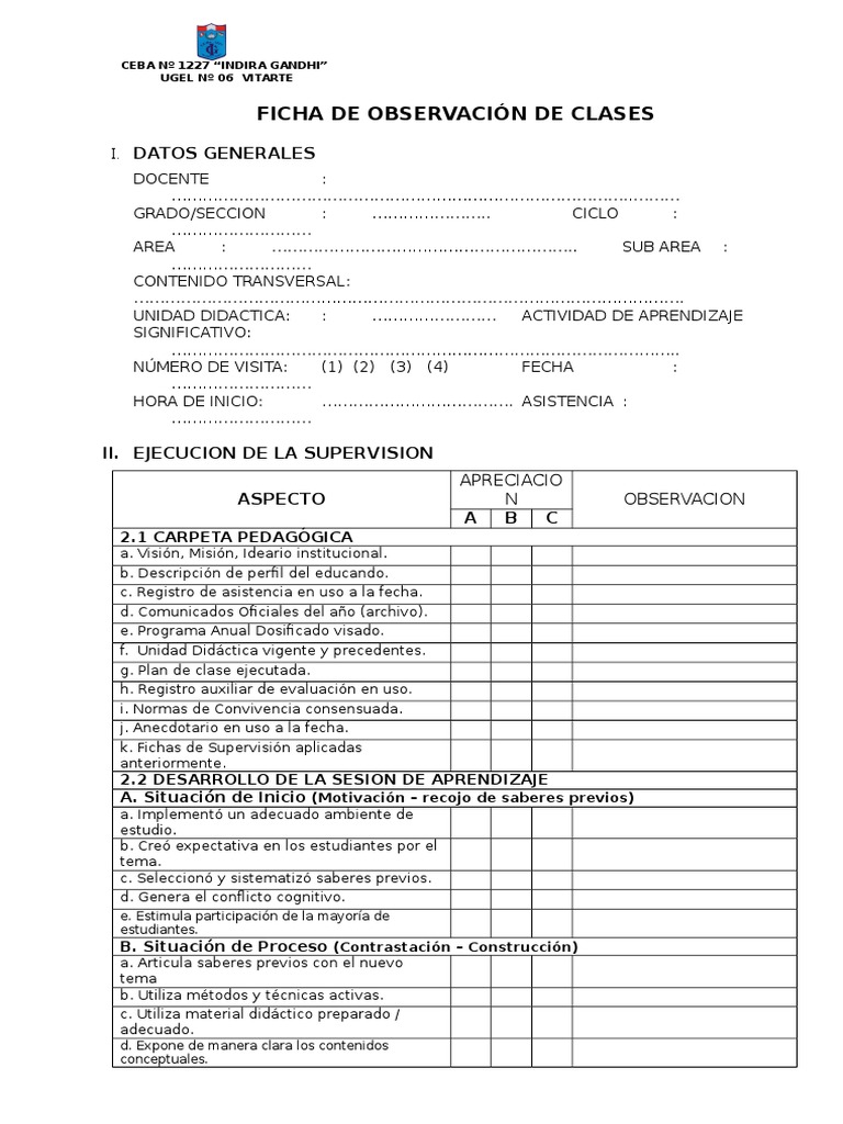 Ficha de Supervision de Clases | PDF | Evaluación | Aprendizaje