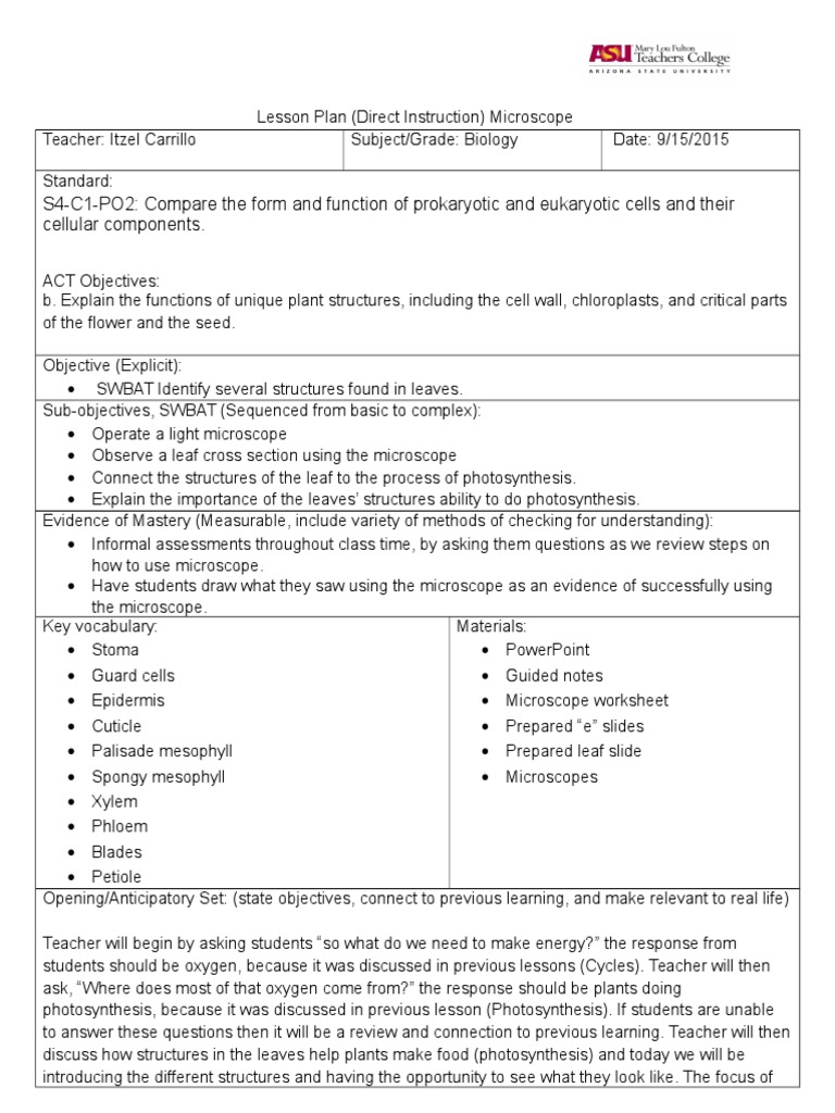 Leaf Microscope Lesson Plan | PDF | Cell (Biology) | Lesson Plan
