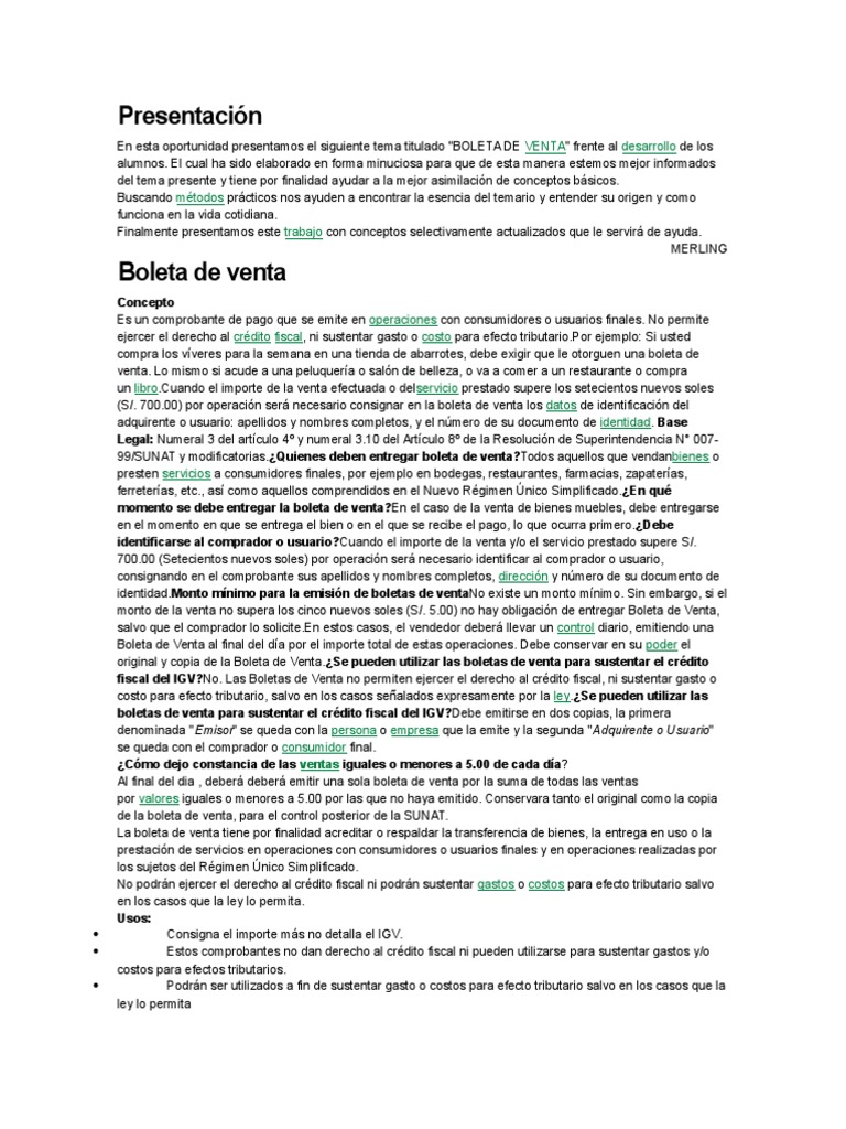 Guía sobre Boleta de Venta y su Uso | PDF | Factura | Pagos