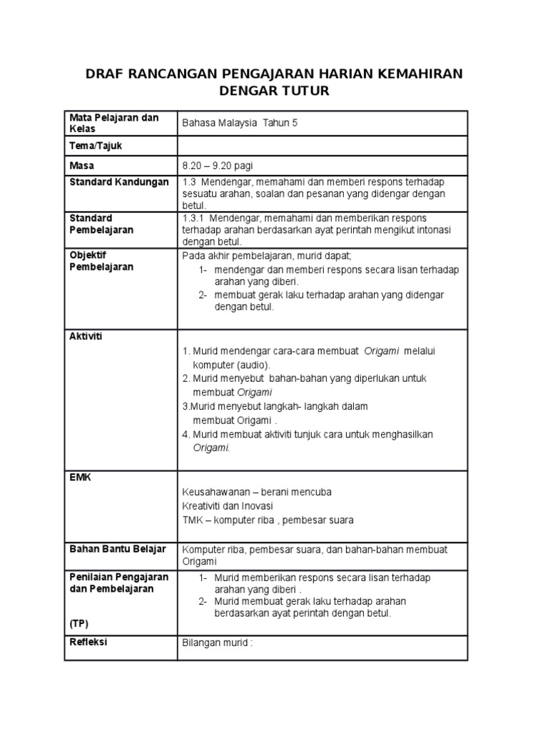 Contoh RPH Bahasa Malaysia Tahun 5 | PDF