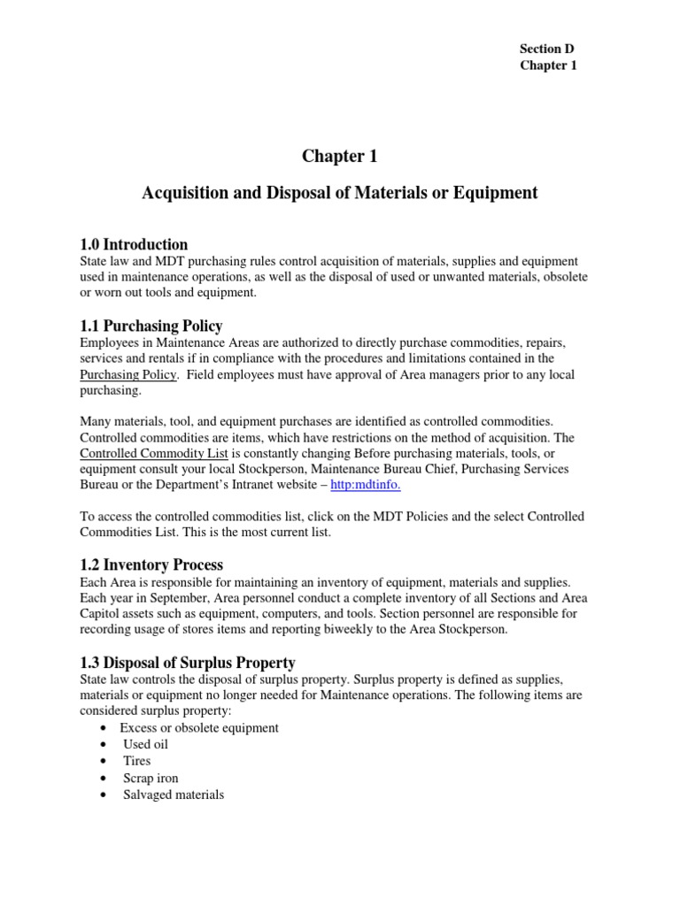 Acquisition and Disposal of Materials or Equipment: Section D | PDF ...
