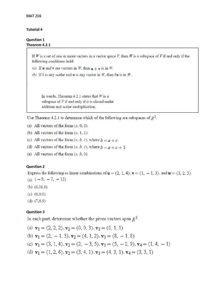 Linear Algebra Tutorial 4 Overview | PDF