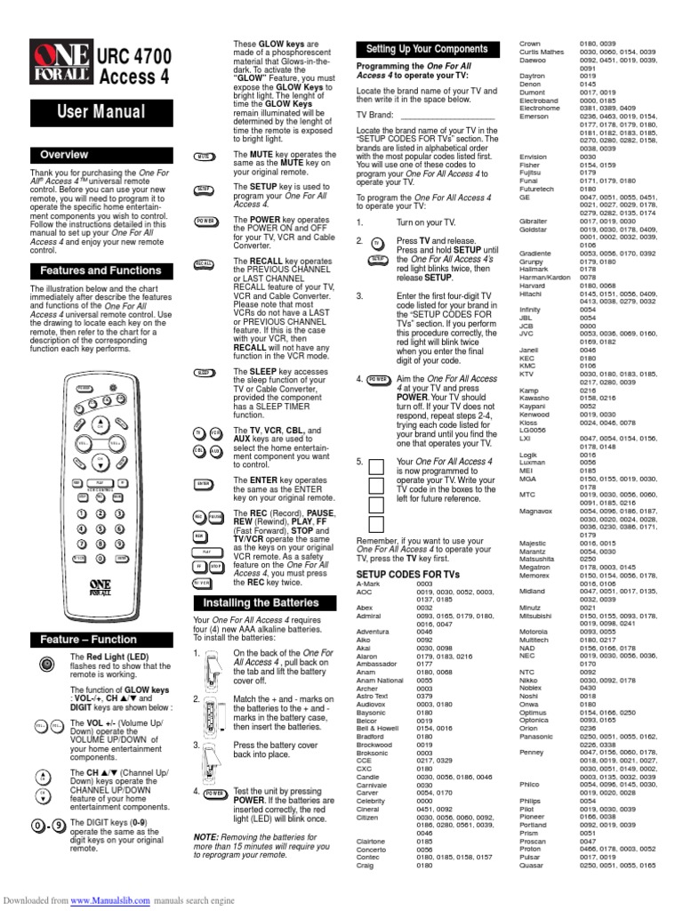 One4All URC 4700 Manual | PDF | Videocassette Recorder | Remote Control