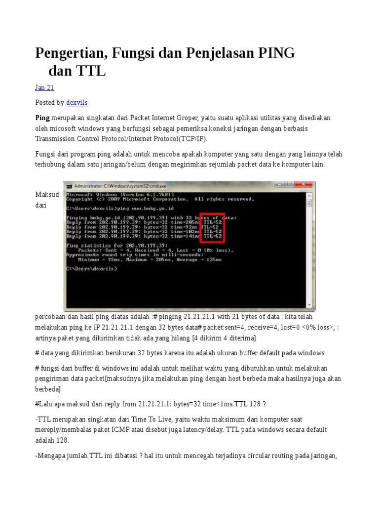 Pengertian, Fungsi Dan Penjelasan PING Dan TTL | PDF