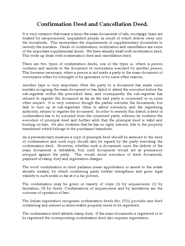 Confirmation Deed and Cancellation Deed. | Deed | Conveyancing