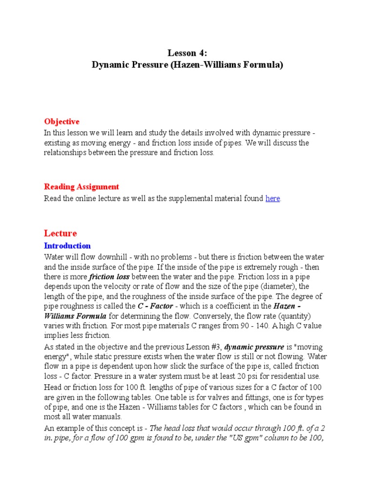 Dynamic Pressure (Hazen-Williams Formula) | Friction | Pipe (Fluid ...