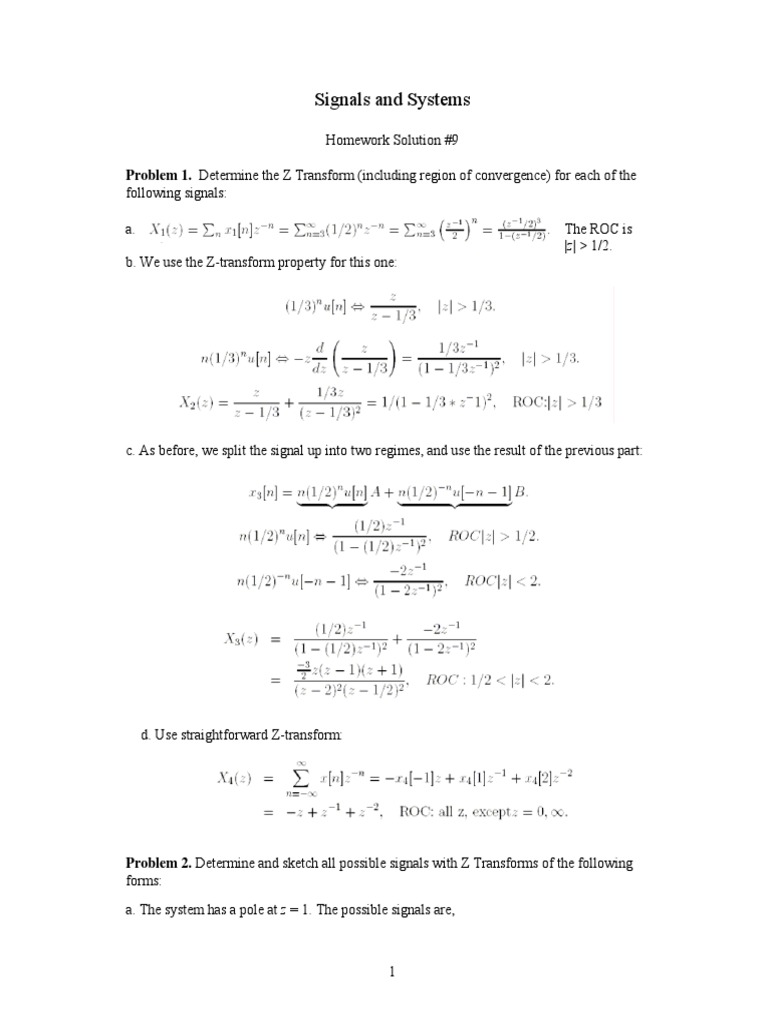 Signals and Systems: Problem 1. Determine The Z Transform (Including Region of Convergence) For ...