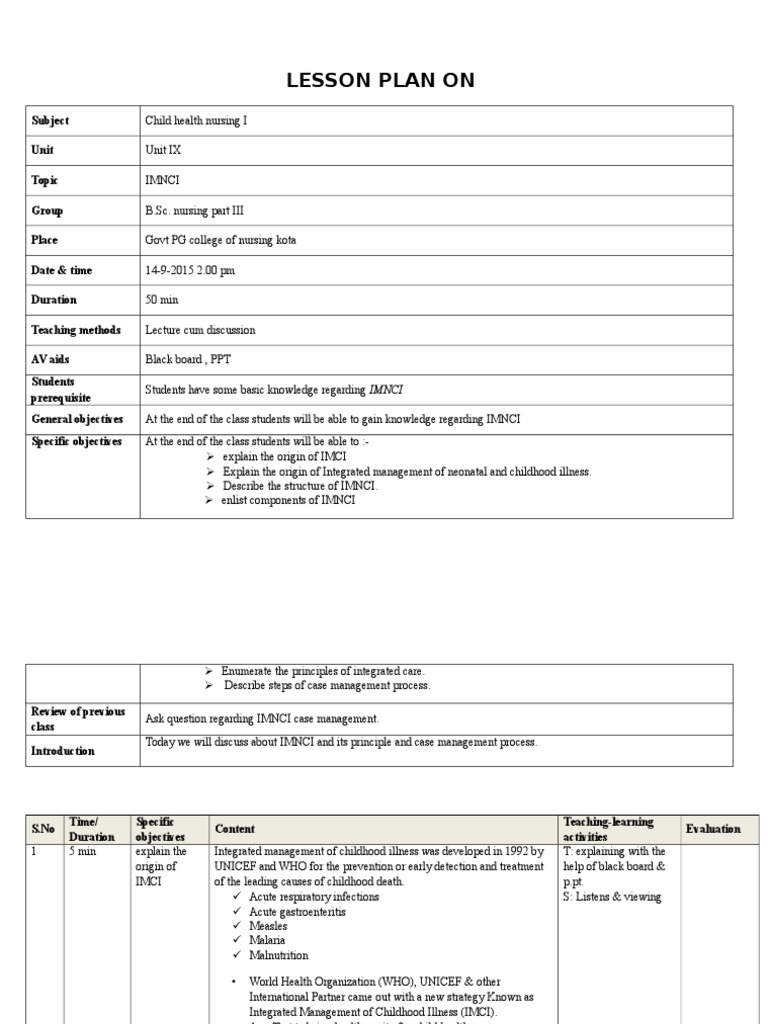 Lesson Plan Imnci | PDF | Infants | Medical Diagnosis