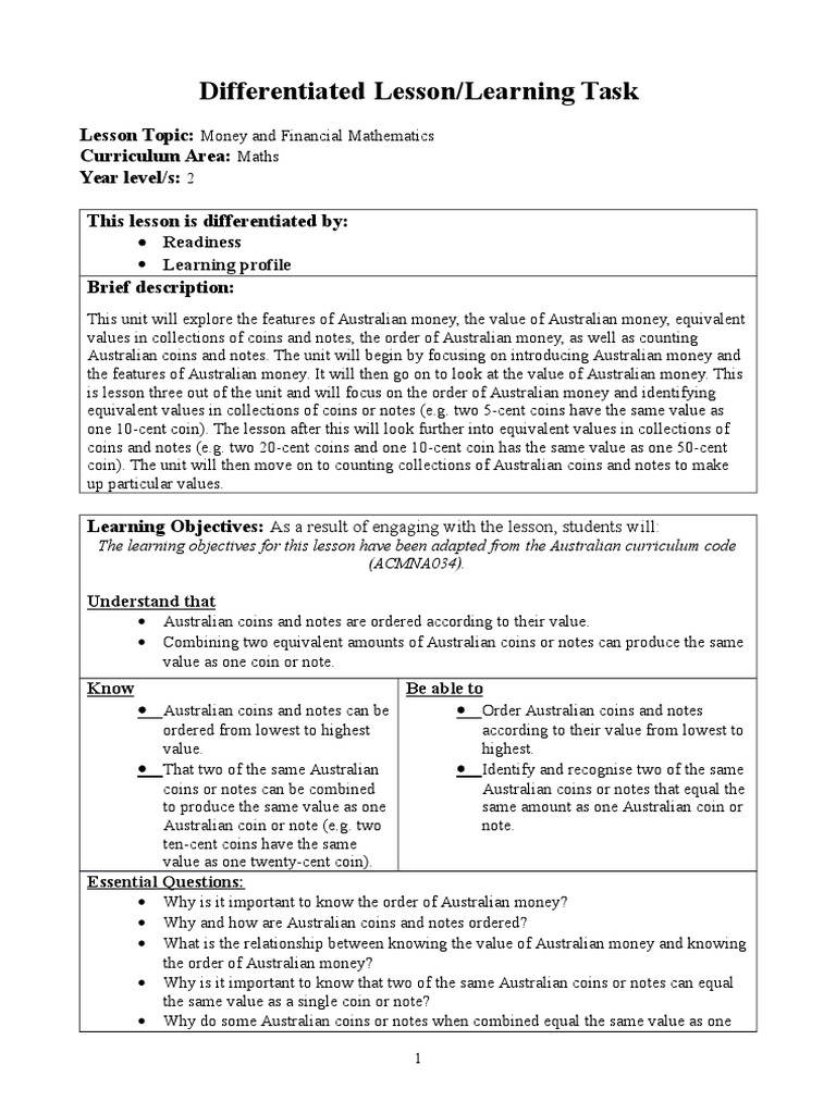 Differentiated Lesson Plan | PDF | Coins | Money