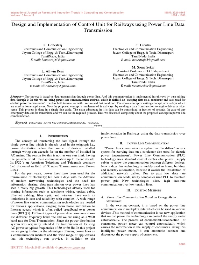 Design and Implementation of Control Unit For Railways Using Power Line ...