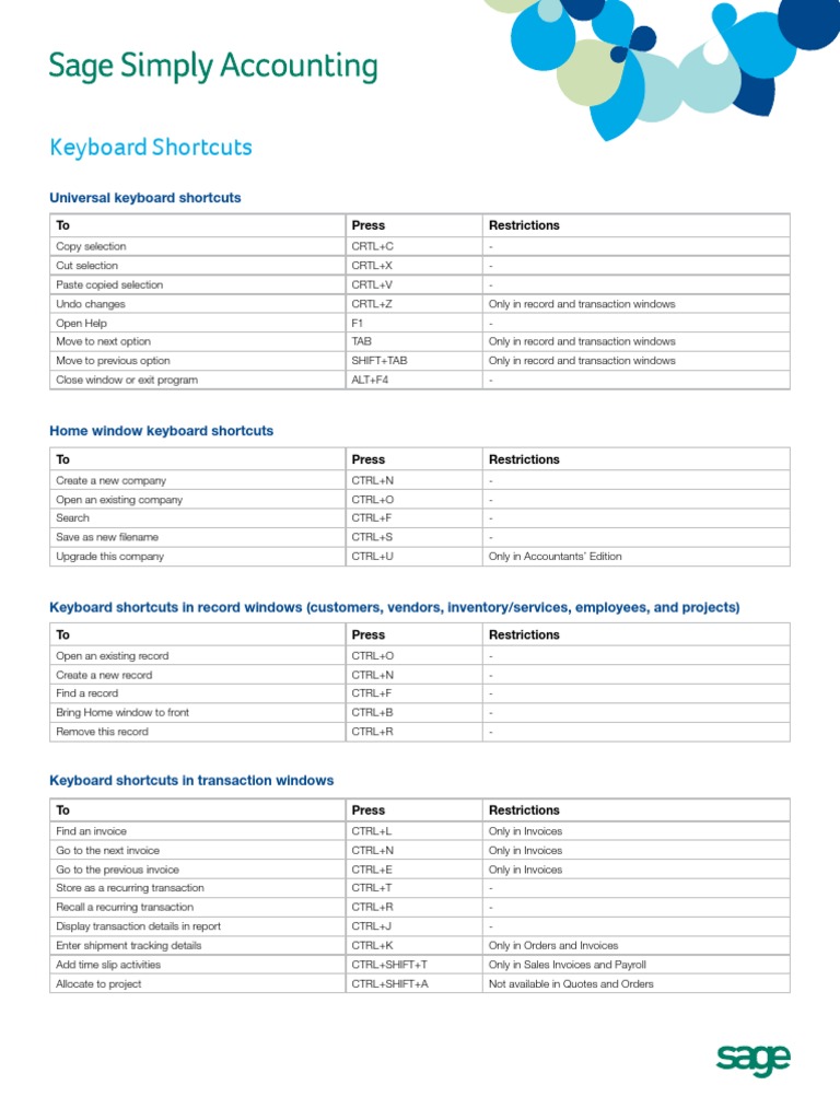 Sage 50 Keyboard Shortcuts | PDF | Computer Keyboard | Payroll