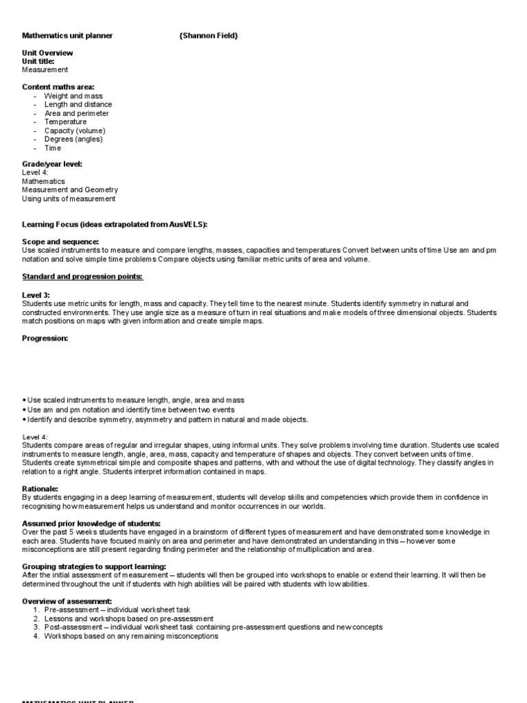 Measurement Unit Planner for Year 4 | PDF | Teaching Mathematics ...