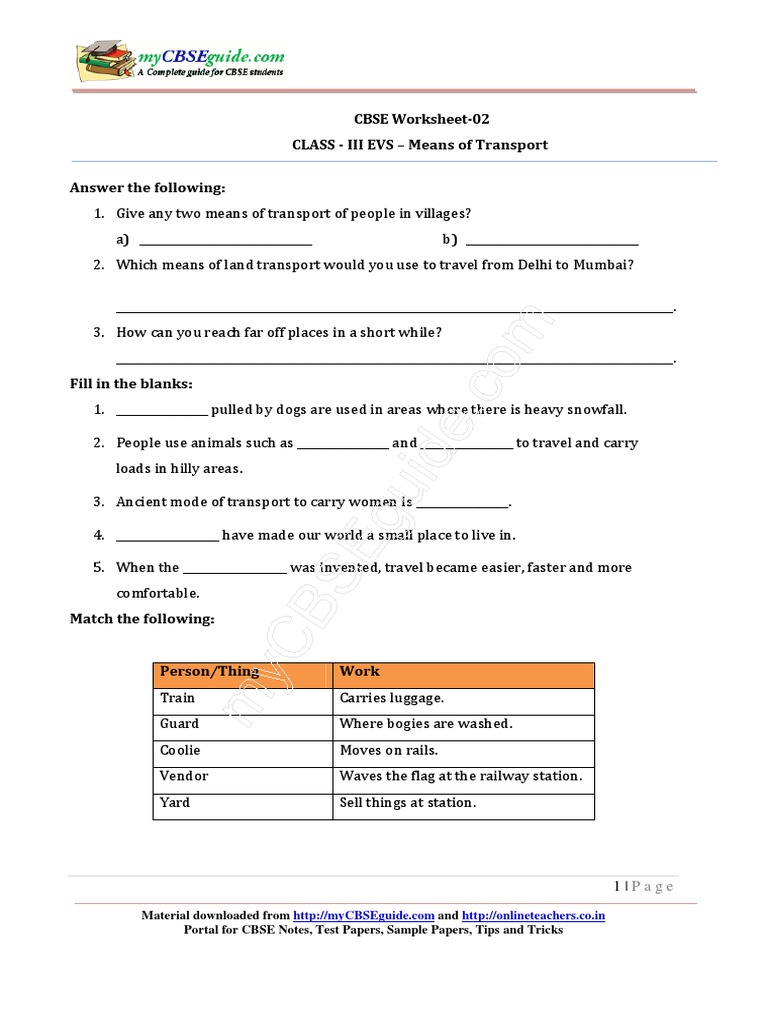 03 Evs Ws Ch12 Means of Transport 02 KV | PDF | Mode Of Transport | Train