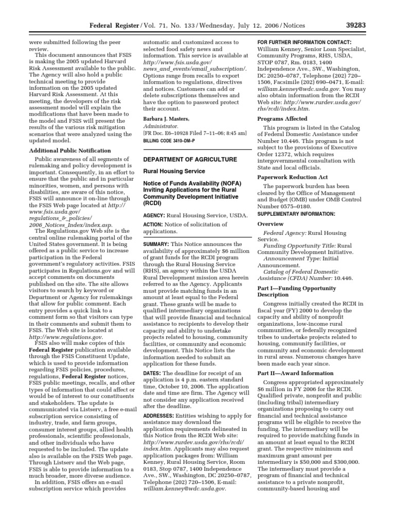 Notice: Grants and Cooperative Agreements Availability, Etc.: Rural Community Development ...