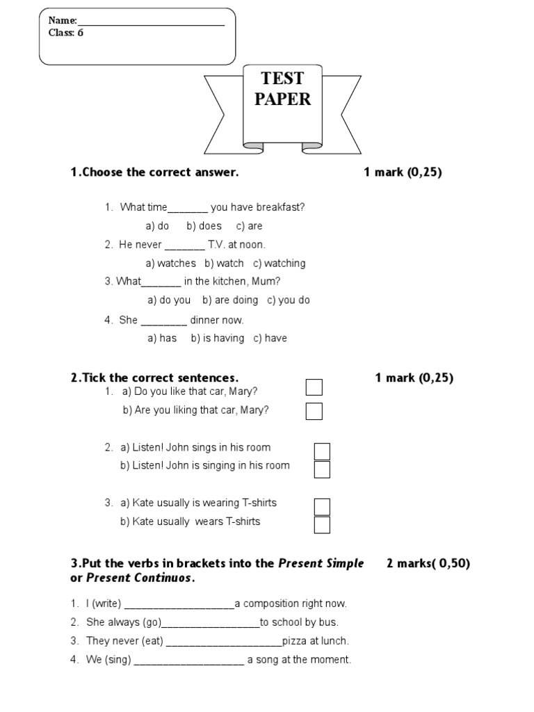 Test Paper: 1.choose The Correct Answer. 1 Mark (0,25) | PDF | Language ...