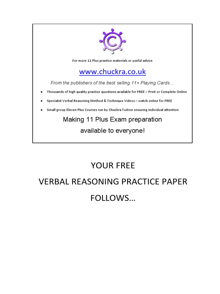 Verbal Reasoning Full Length Practice Paper 6 | PDF | Teaching ...