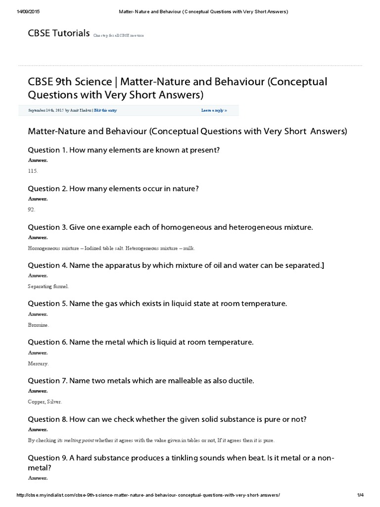 Matter-Nature and Behaviour (Conceptual Questions With Very Short ...