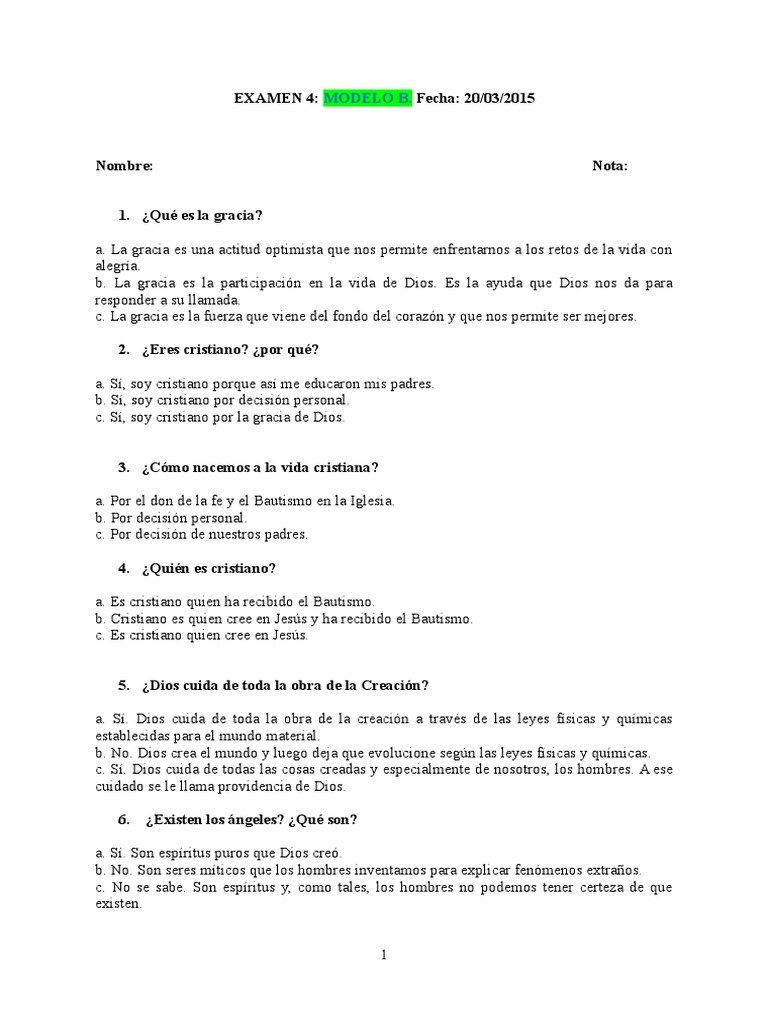 Examen Fe Cristiana Modelo B | PDF | Fe | Amor