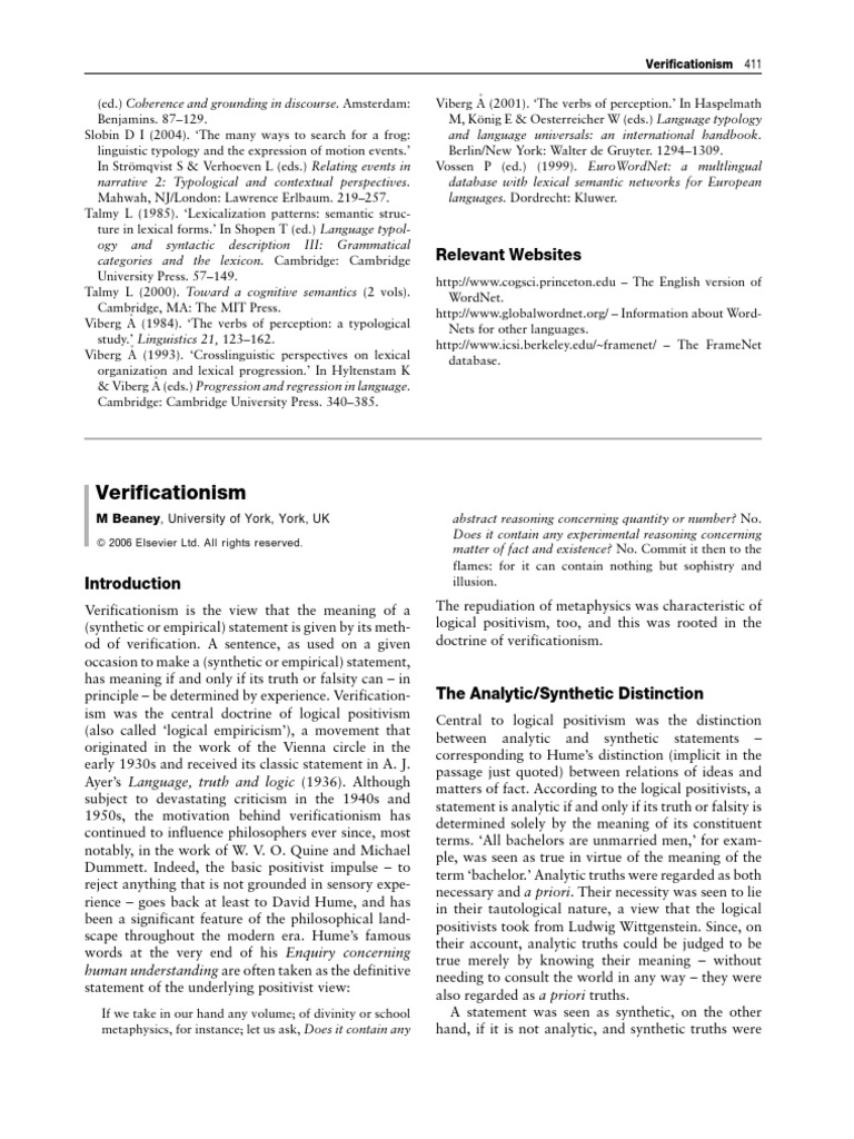 Verificationism by M Beaney | PDF | A Priori And A Posteriori | Empiricism