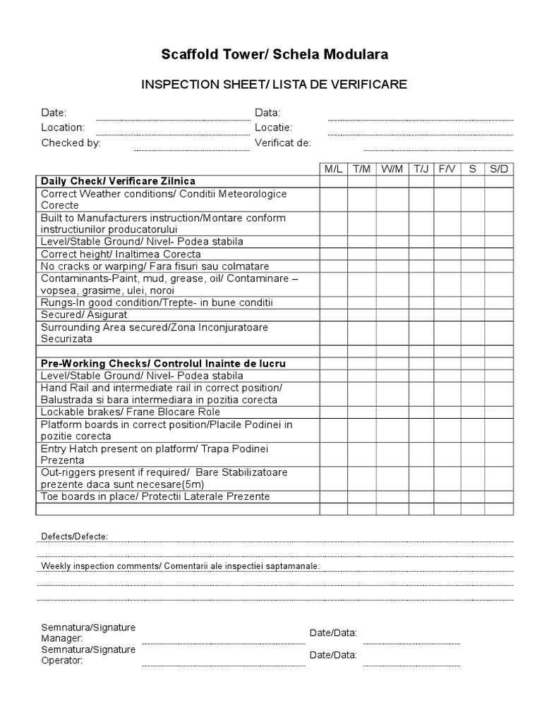 Scaffold Tower Inspection Checklist | PDF