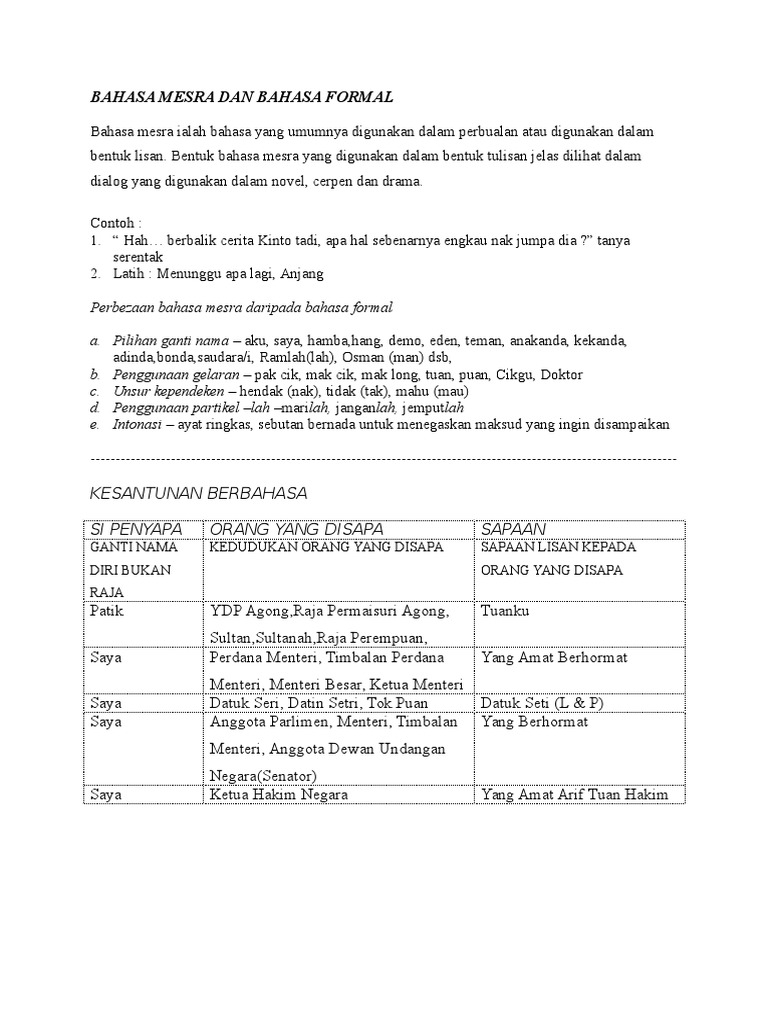 Bahasa Mesra Dan Bahasa Formal | PDF