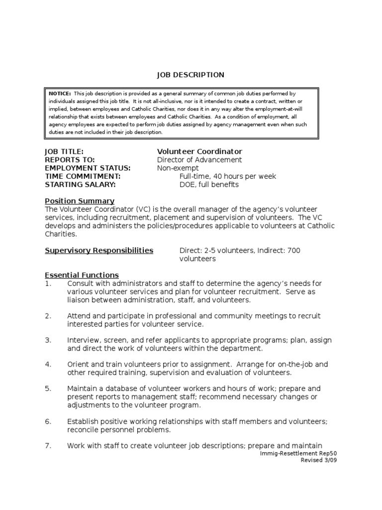 Volunteer Coordinator Job Description | PDF | Volunteering | Employment