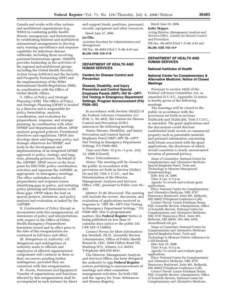 Notice: Meetings: Disease, Disability, and Injury Prevention and ...