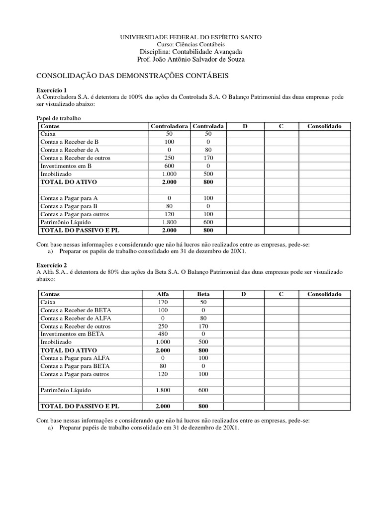 Lista De Exercícios Pdf Folha De Balanço Relatório Anual