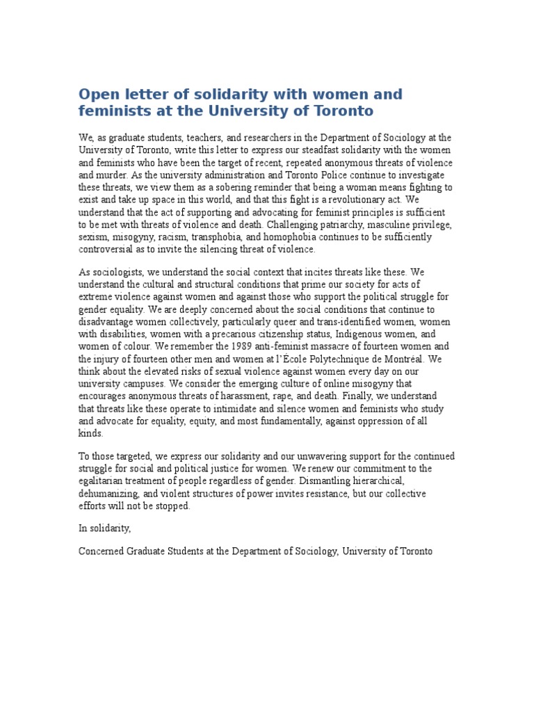 Open Letter of Solidarity With Women and Feminists at The University of ...