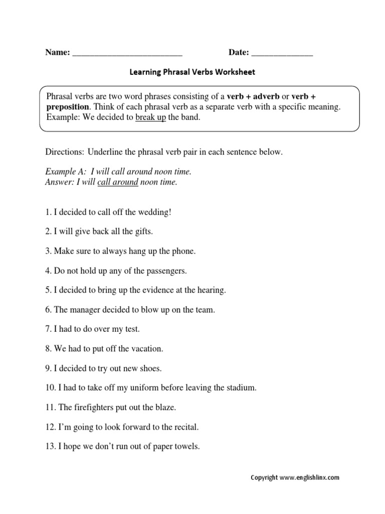 Learning Phrasal Verbs Worksheet | PDF