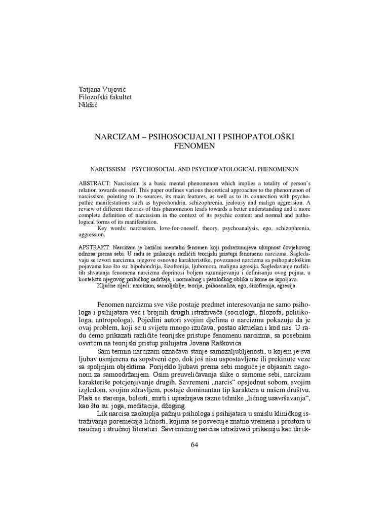 Vujovic, T., Narcizam - Psihosocijalni I Psihopatoloski Fenomen | PDF
