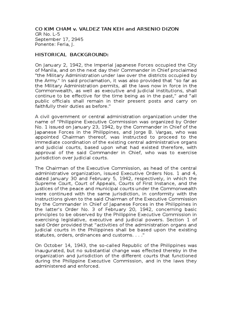 Co Kim Cham V Valdez Tan Keh (Digest) | PDF | Judiciaries | Military Occupation