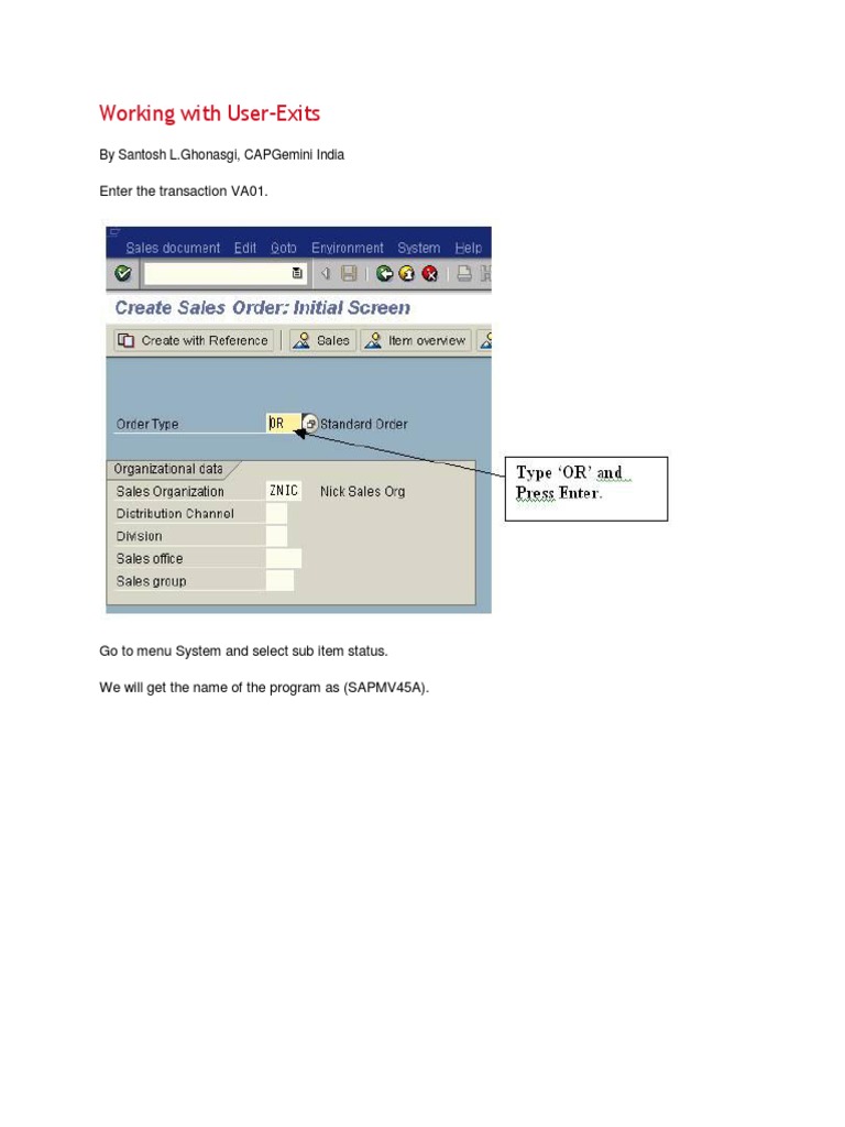 Working With User Exits Enter The Transaction Va01 Pdf Parameter