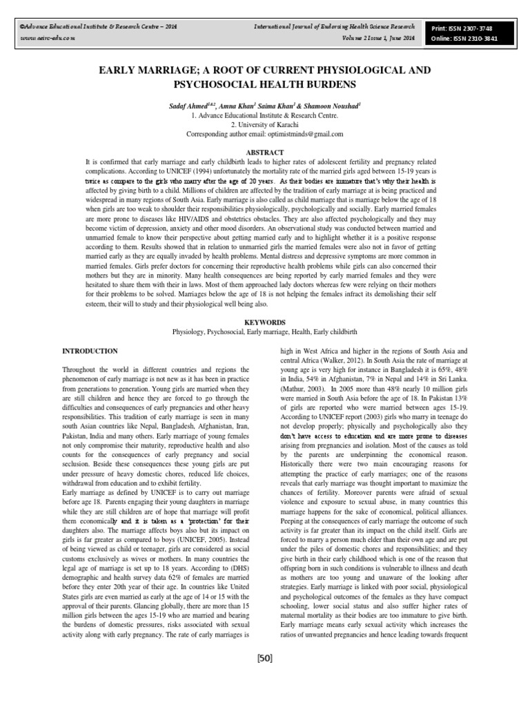 Early Marriage A Root of Current Physiological and Psychosocial Health ...