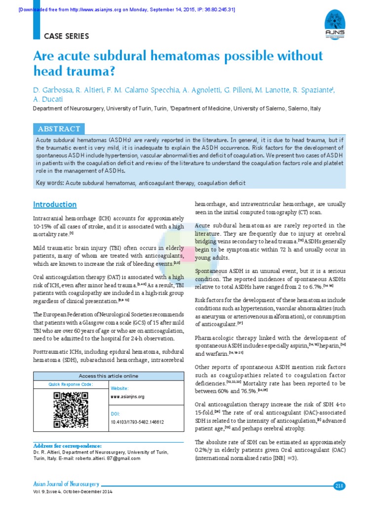Are Acute Subdural Hematomas Possible Without Head Trauma?: Case Series | PDF | Coagulation | Stroke